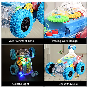 TAKIHON Car Toys for Boys,Monster Trucks with Music&Light,360° Rotating Stunt Cars,Transparent Mechanical Gear Flip Vehicles Toys,Gift for Kids,Toddlers