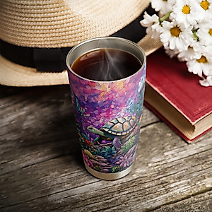 20oz Purple Stained Glass Flower Sea Turtle Tumbler, Gifts for Turtle Lovers, Ocean, Beach Gifts, Coffee Thermos for Women, Stainless Steel Double Wall Vacuum Insulated Coffee Mug, Travel Cup with Lid