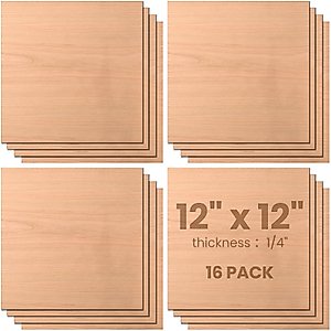 Geetery 16 Pcs 12 x12 Cherry Plywood Sheets 1/4 Unfinished Wood Sheets for Crafts 6.5mm Thin Plywood Wood for Laser Cutting and Engraving, Cutting, Painting, Fretwork, DIY School Projects