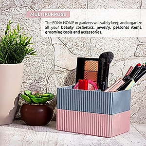 EDNA HOME Makeup Storage Organizers, 2-Set, Stackable Cosmetics & Jewelry Holders w/ Double Compartment, HQ Plastic, Suitable for Dresser, Nightstand, Vanity & Countertop, Gray/Rose, Made in Europe