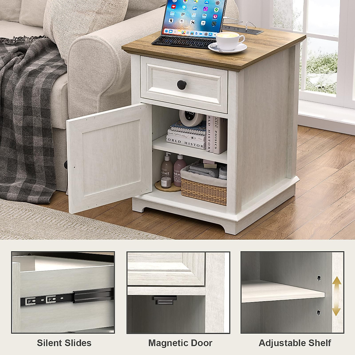 REDAYFUR End Table with Fast-Charge Set of 2, Side Table with Drawer Storage and Adjustable Shelf, Charging Nightstand Set of 2, Wooden Side Table for Living Room/Bedroom/Office, White