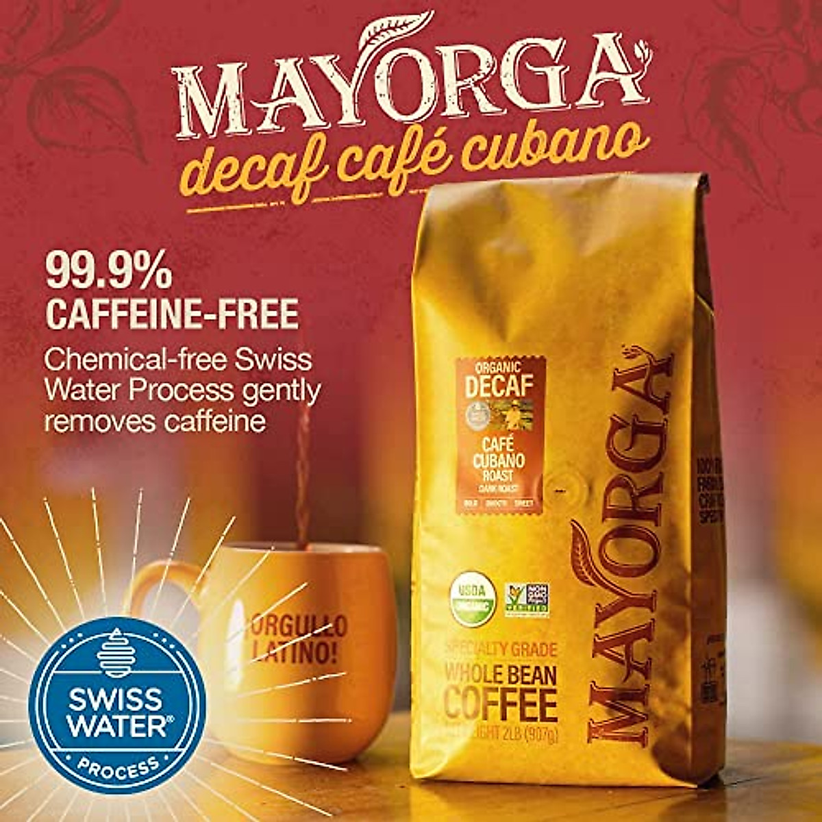 Mayorga Decaf Dark Roast Coffee 2lb bag Café Swiss Water Decaffeinated Cubano Roast Coffee - 100% Arabica Whole Coffee Beans - Smoothest Organic Coffee - Specialty Grade, Non-GMO, Direct Trade