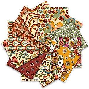 Whaline 12Pcs Fall Retro Floral Cotton Fabric Bundles 18 x 22 Inch Boho Hippie Groovy Boho Rainbow Printed Fat Quarter Quilting Patchwork Square Sewing Fabric for DIY Handmade Craft Home Party Decor