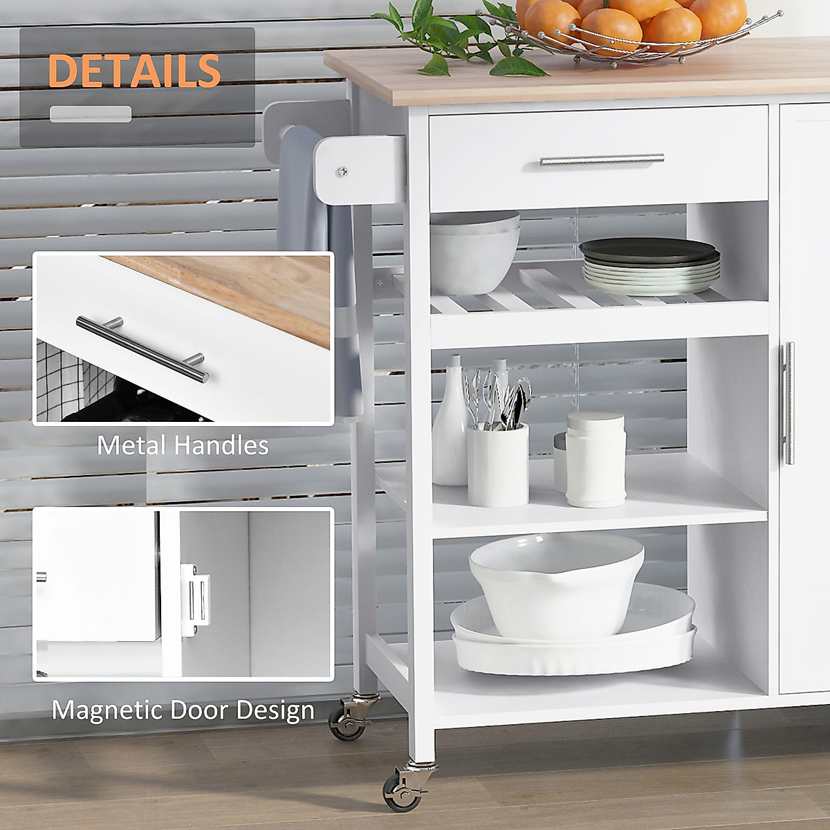 HOMCOM Rolling Kitchen Island with Storage, Kitchen Cart with Solid Wood Countertop, Drawer, Adjustable Shelf and Wine Rack, White