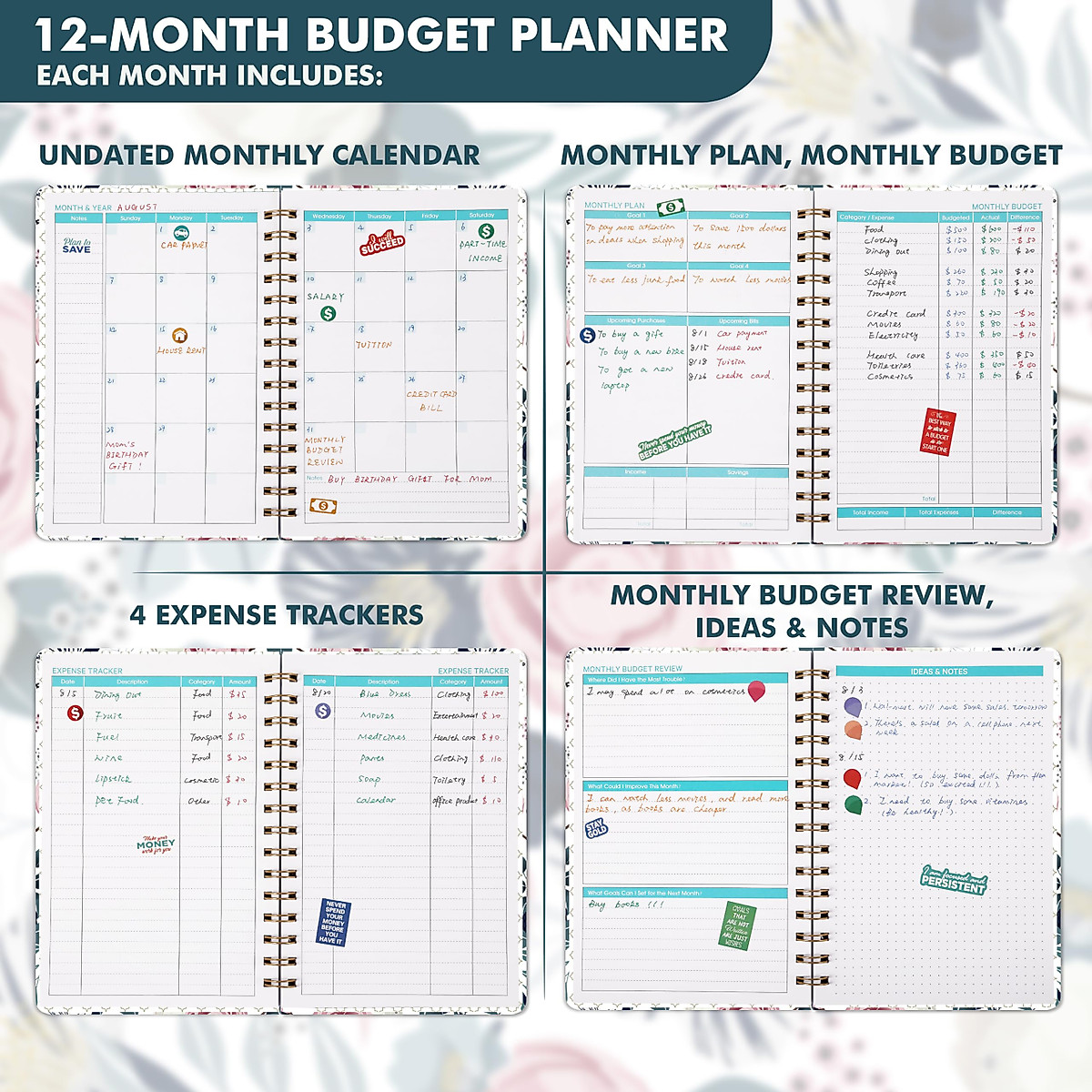 Budget Planner - Budget Book and Organizer With Expense Tracker Notebook, 6.3" x 8.4" Undated Bill Organizer with Pocket +Hardcover + Stickers +Premium Paper + Pen Holder - Floral