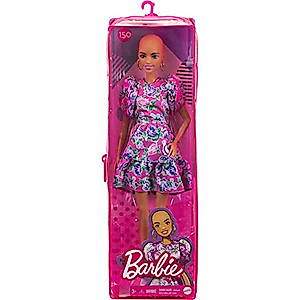 Barbie Fashionistas Doll #150 with No-Hair Look Wearing Pink Floral Dress, White Booties & Earrings, Toy for Kids 3 to 8 Years Old