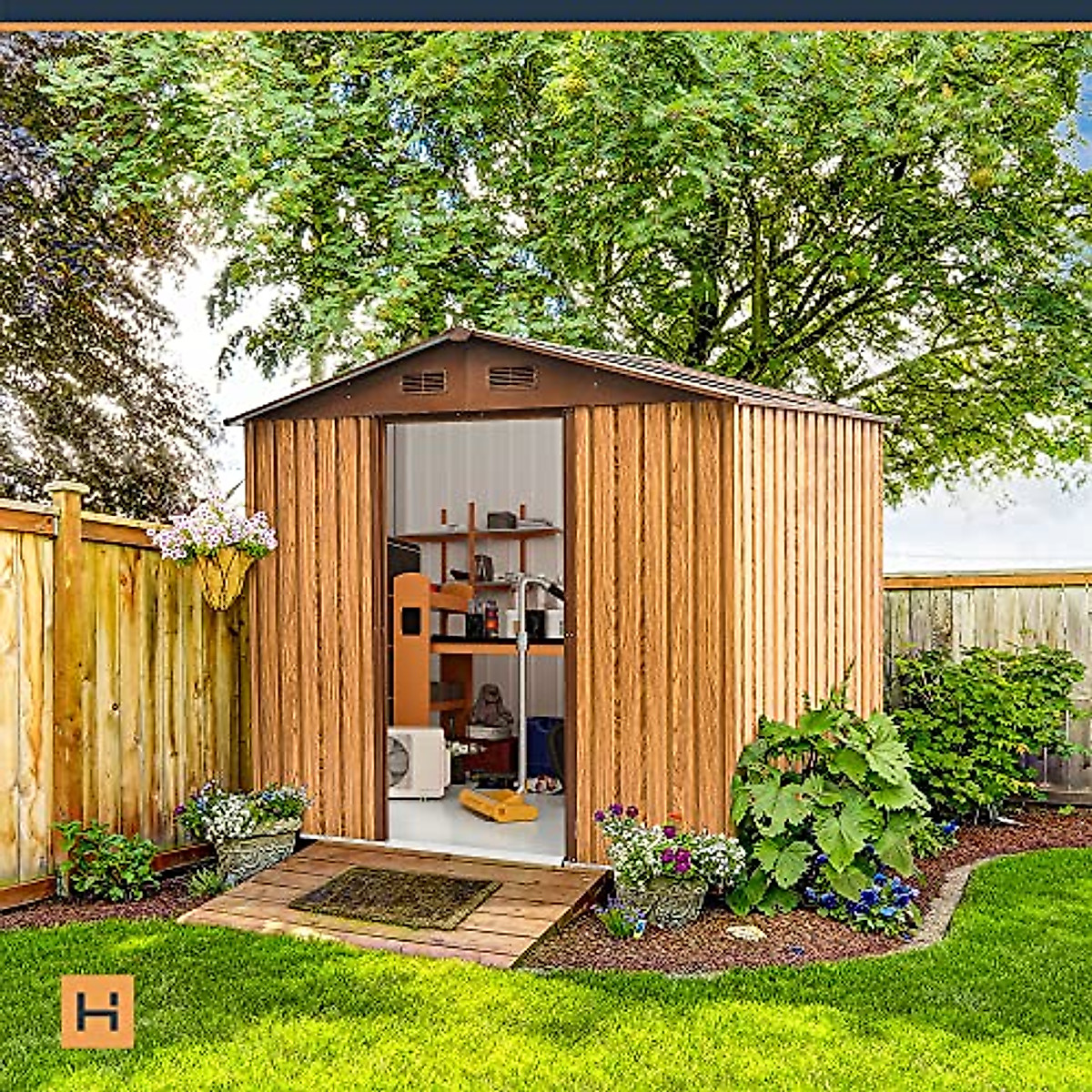 HAPPATIO Storage Shed 8x6', Outdoor Shed Woodgrain-Look Galvanized Metal Shed, Outside Sheds with Double Sliding Doors, Foundation, Outdoor Storage Shed Waterproof for Backyard, Garbage, Patio, Bikes