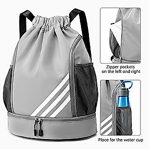 neyrat Water Resistant Drawstring Backpack Swim Gym Sport Draw String Back Bag with Shoes Compartment for Men Women Children (Grey)