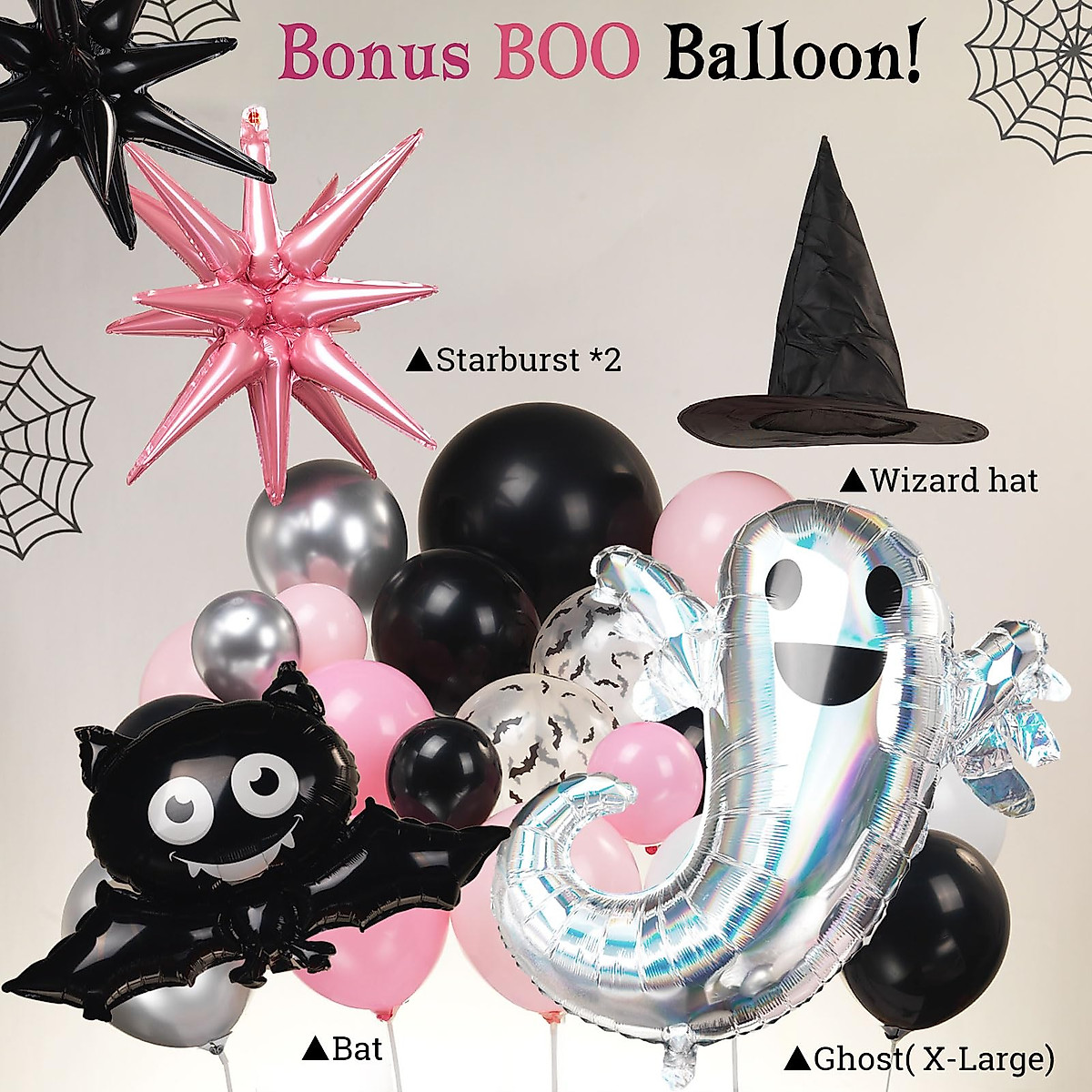 Pink Black Silver Halloween Balloon Garland Kit 130Pcs With Starburst Ghost balloon and wizard Hat for Girl baby shower Happy boo day spooky one Birthday Party Decoration