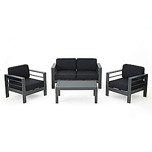 Christopher Knight Home Crested Bay Aluminum Outdoor Chat Set with Water Resistant Cushions, 4-Pcs Set, Grey / Dark Grey