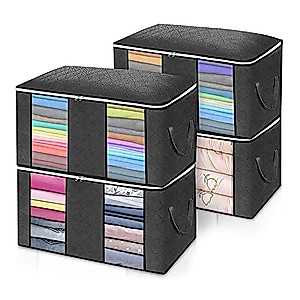 Large Capacity Clothes Storage Bag Organizer with Reinforced Handle Thick Fabric for Comforters, Blankets, Bedding, Foldable with Sturdy Zipper, Clear Window, 3 Pack, 90L (Black)