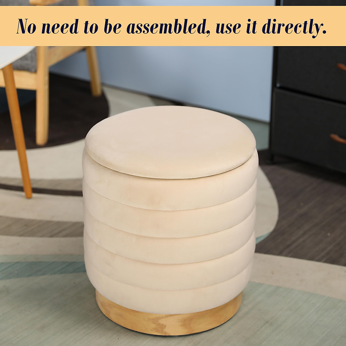 NEWIMAGE Round Ottoman Storage Box Dutch Velvet Pouffe Footstool 15.5'' Padded Stool Seat with Wooden Base, Footrest Vanity Stool with Lids for Bedroom Living Room Balcony Snack(Cream Horizontal Line)