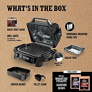 Ninja OG701 Woodfire Outdoor Grill & Smoker, 7-in-1 Master Grill, BBQ Smoker, & Air Fryer plus Bake, Roast, Dehydrate, & Broil, uses Ninja Woodfire Pellets, Weather-Resistant, Portable, Electric, Grey