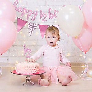 6 Months Banner Happy Birthday Banner Happy 1/2 Birthday Banner Glitter 1/2 Half Year Cake Topper Triangle Flag Banner for Half Year Baby Shower Birthday Party Decoration, Pre-strung (Pink)