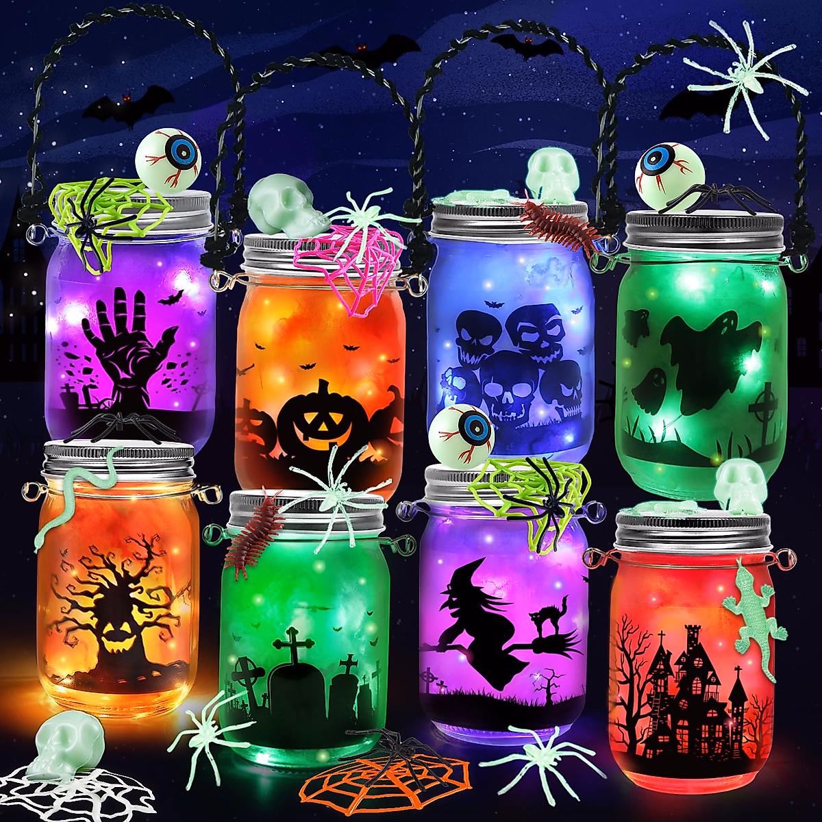 Halloween Crafts for Kids, 8 PCS Halloween Mason Jar with Accessories for DIY Craft, Halloween Art Party Favor Supplies, Halloween Decoration Trick or Treating, Classroom Halloween Art Activities