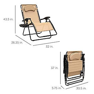 Best Choice Products Oversized Zero Gravity Chair, Folding Outdoor Patio Lounge Recliner w/Cup Holder Accessory Tray and Removable Pillow - Tan