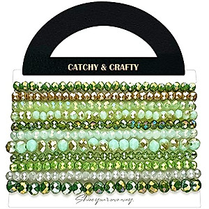 CATCHY & CRAFTY Bracelet Crystal Stretch Stackable Layering Colorful Statement Bracelets Women Glass Beaded Boho Friendship Bridal Gift (Forest Green)