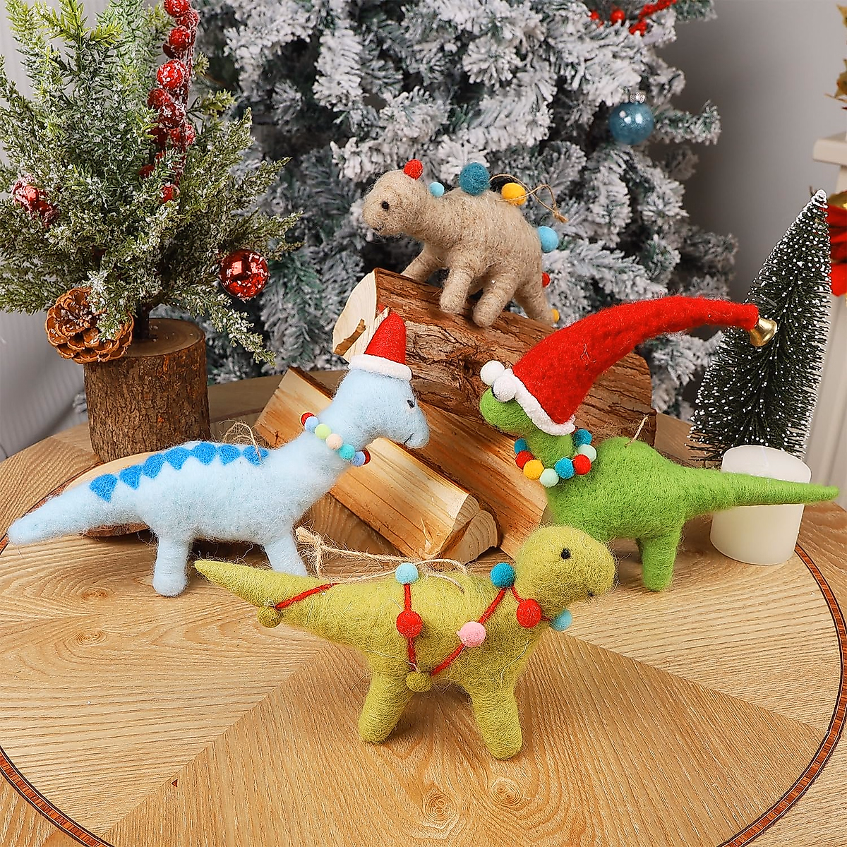 Juegoal Christmas Felt Dinosaurs Ornaments Set of 4, Xmas Wool Dinosaur Hanging Decor, Felt Animal Crafts Woodland Cute Christmas Tree Wreath Decor for Home Dinosaur Themed Birthday Party Supplies