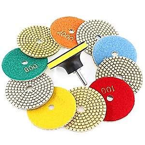 Swpeet 11Pcs Diamond Polishing Pads Kit, 10Pcs 3 Inch Wet/Dry Polishing Kit Polishing pads Kit with 1Pcs 3 Inch Yellow Backer Pad for Granite Marble Stone Glass Quartz Polishing