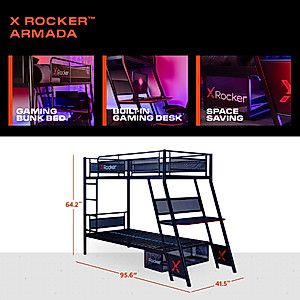 X Rocker Armada Gaming Bunk Bed, Durable Metal Frame, Built-in Gaming Desk, Safe Ladder, Grid Mesh Sides, 7000301, 95.6" x 41.5" x 64.2", Twin Over Twin, Black