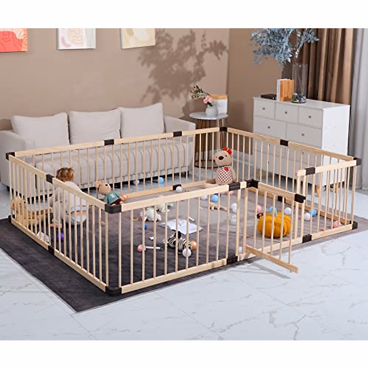 Conabay Large Baby Playpen Play Pen Fence Gate,Baby Safety Wooden Guard Fence Play Area with Door,Baby Kids Barrier Fencing,Baby Birthday Gift (180x240CM)