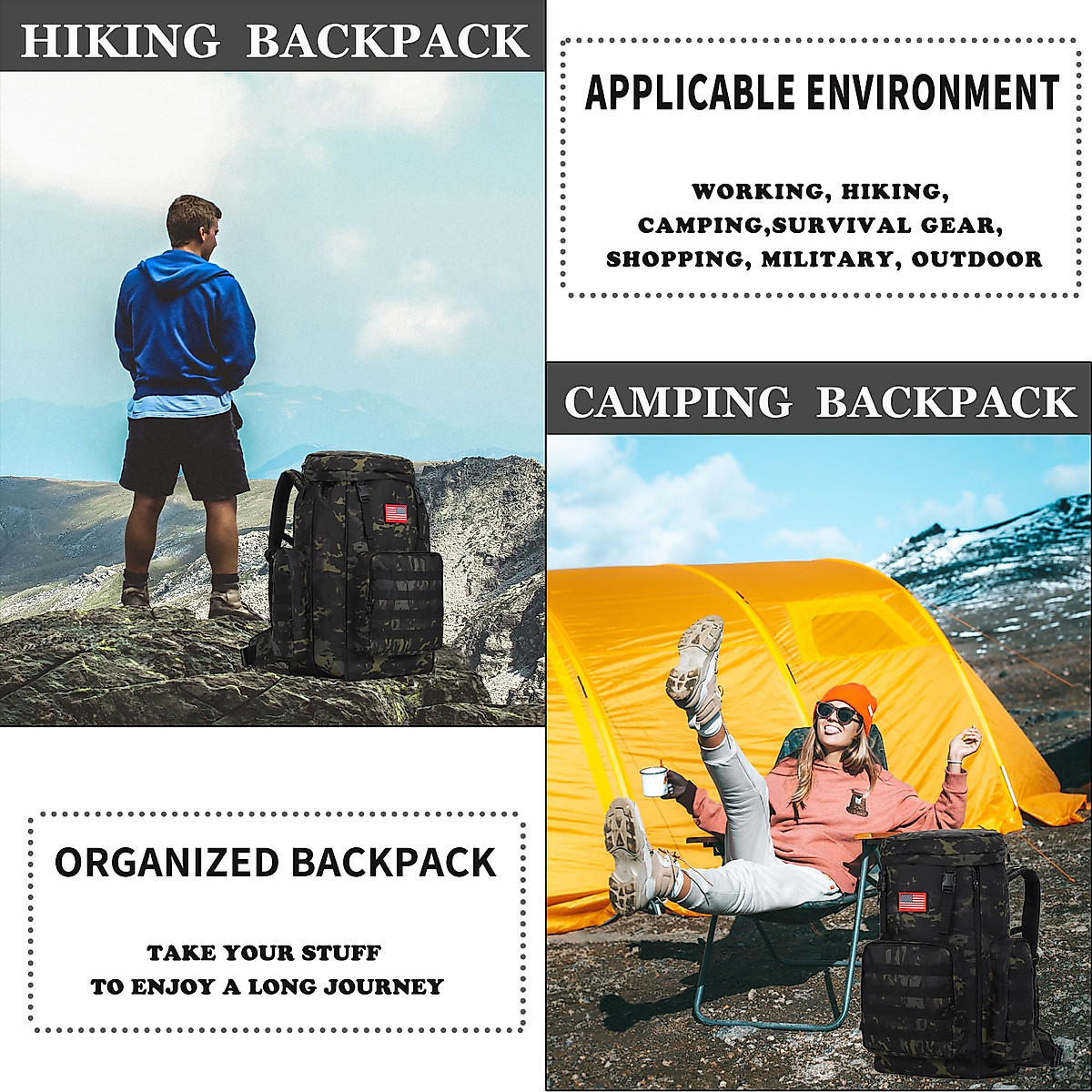 4land Large Backpacking Backpack for Men, Extra Large Camping Hiking Backpack, Oversized Molle Rucksack Backpack, 60L/70L/85L Waterproof Military Backpack for Outdoor Sports
