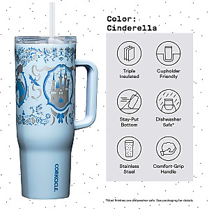 Corkcicle x Disney Princess Cinderella Cruiser Insulated Tumbler with Handle & Straw - 40 oz Reusable Water Bottle Keeps Beverage Cold for 20Hrs, Hot for 9Hrs – Cupholder Friendly, Spill Proof Tumbler