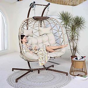 NICESOUL® Double Egg Chair Oversized 2 Person Patio Swing Chair with Stand, Indoor Outdoor Large PE Wicker Egg Shaped Hanging Egg Chair Thick Cushion (Beige)