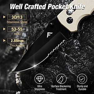 FLISSA Folding Pocket Knife with Clip, Glass Breaker and Seatbelt Cutter, Survival Knife for Emergency Rescue Situations, EDC Knife for Tactical, Hunting, Camping, Outdoor, Unique Gifts for Dad, Father