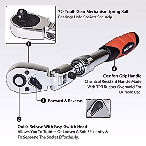 FIRSTINFO F3222NC 3/8-Inch Drive Locking & Flexible Extendable Ratchet Wrench Reversible, Soft-Grip with 72-Tooth Geared Action (Length: 10.2 to 14.1 inches)