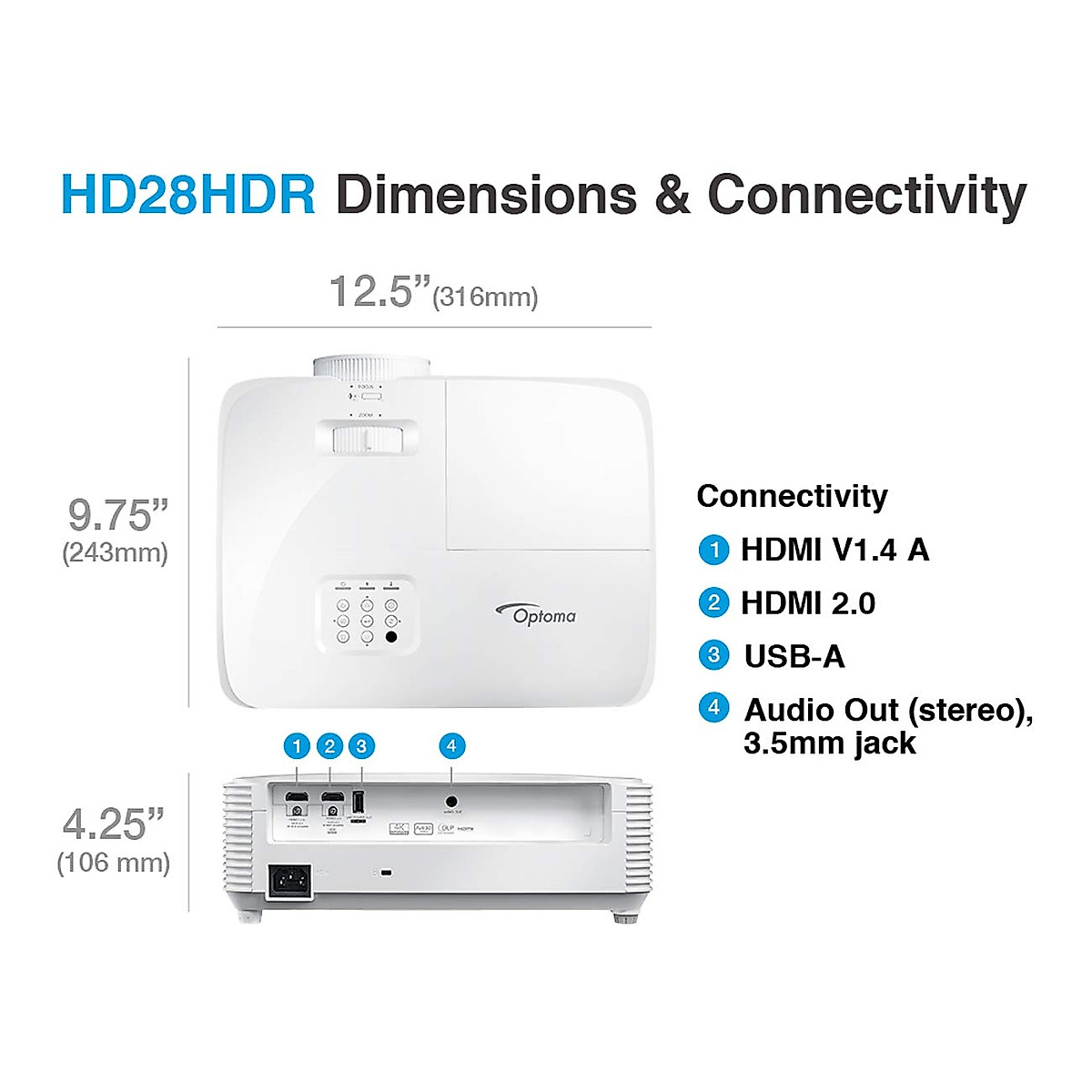 Optoma HD28HDR 1080p Home Theater Projector for Gaming and Movies | Support for 4K Input | HDR Compatible | 120Hz refresh rate | Enhanced Gaming Mode, 8.4ms Response Time | High-Bright 3600 lumens