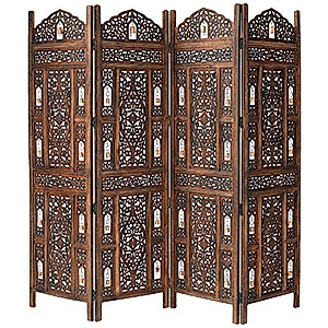 Cotton Craft Ghanti Bells - Antique Brown 4 Panel Handcrafted Wood Room Divider Screen 72x80 - With Tiny Bells - Intricately Carved On Both Sides