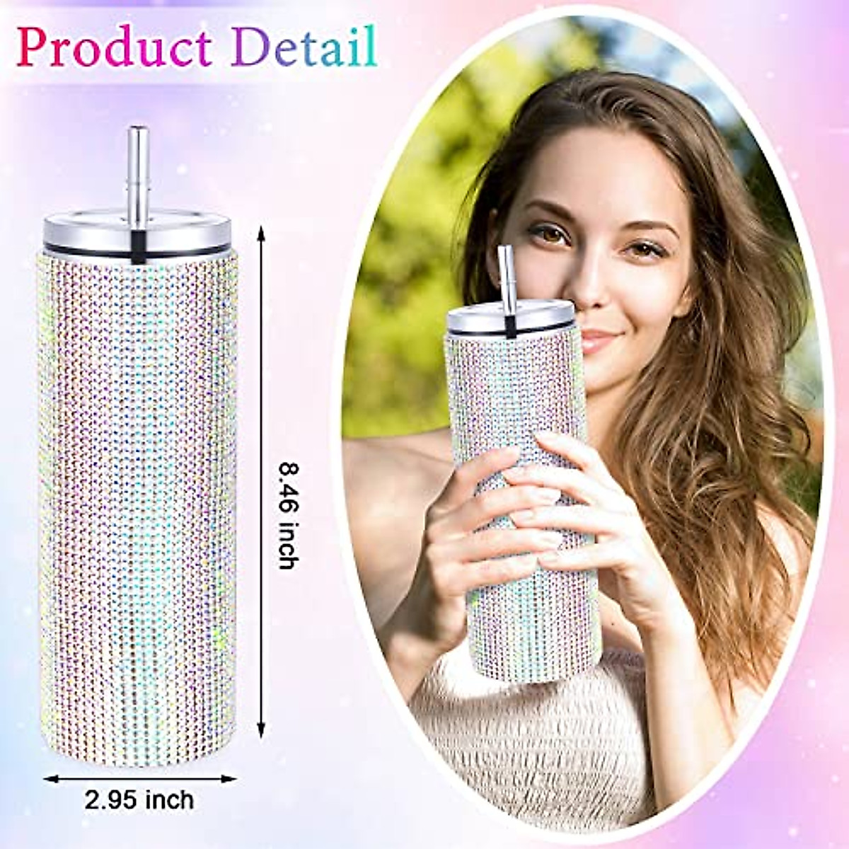 Rtteri 3 Pcs Rhinestone Water Bottle AB Color Diamond Glitter Tumbler Insulated Bling Tumbler with Chain Bling Cup with Lids Stainless Steel Rhinestone Tumbler Diamond Thermal Mug Set for Women Girl