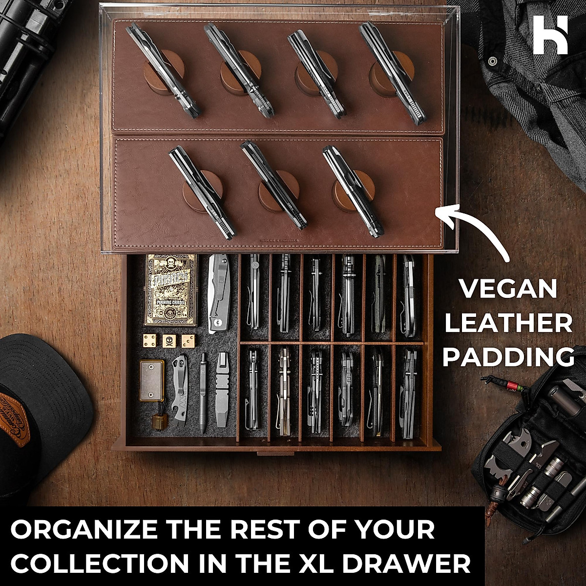 Holme & Hadfield Luxury Pocket Knife Display Case for 20-30 Knives The Armory Pro – Premium Wooden Knife Case for Collections – Large Knife Organizer with Drawer for Men