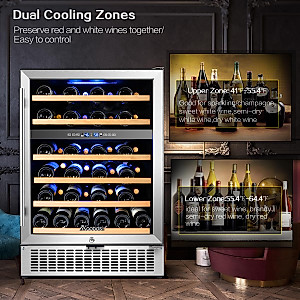 AAOBOSI 24 Inch Dual Zone Wine Cooler 46 Bottle with Upgraded Compressor Advanced Cooling System Quiet Operate, Freestanding and Built-in Wine Refrigerator