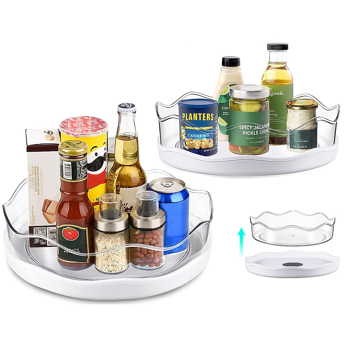 [2 Pack] Lazy Susan Organizer with Removable Bins, Non-Skid Rotating Spice Rack Organizer for Cabinet, Lazy Susan Turntable for Cabinet Fridge Kitchen Bathroom Makeup Organization, 9" & 11", White