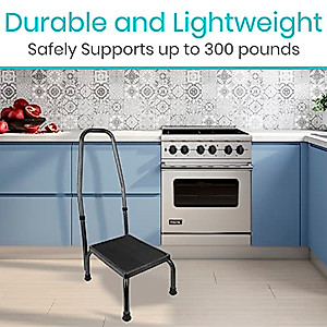 Vive Step Stool with Handle for Elderly and Adults - Bariatric Heavy Duty Footstool Riser for Kids - Platform with Handrail for Kitchen, Bedroom, Bathroom - Portable, Lightweight Step for Senior