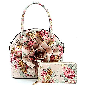 3D Flower Women Handbag and Matching Wallet Set Floral Printed Top Handle Purse 2PCS Set (Fl-Blush Pink)