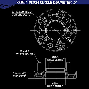 KSP 5X4.5 Wheel Spacers for Mustang Explorer, 1 inch 5x114.3mm Tire Spacers Adapters 25mm Thick 70.5mm Hub Bore with M14x1.5 Thread Pitch Fit for 2015-2024 Ford Mustang GT500 GT350 Mach 1 Black 4PCS