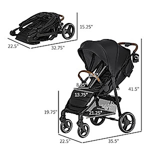 Qaba Lightweight Baby Stroller with One-Click Fold, Toddler Travel Stroller with Adjustable Backrest Footrest, Compact Stroller with All Wheel Suspension, Sun Canopy, Black