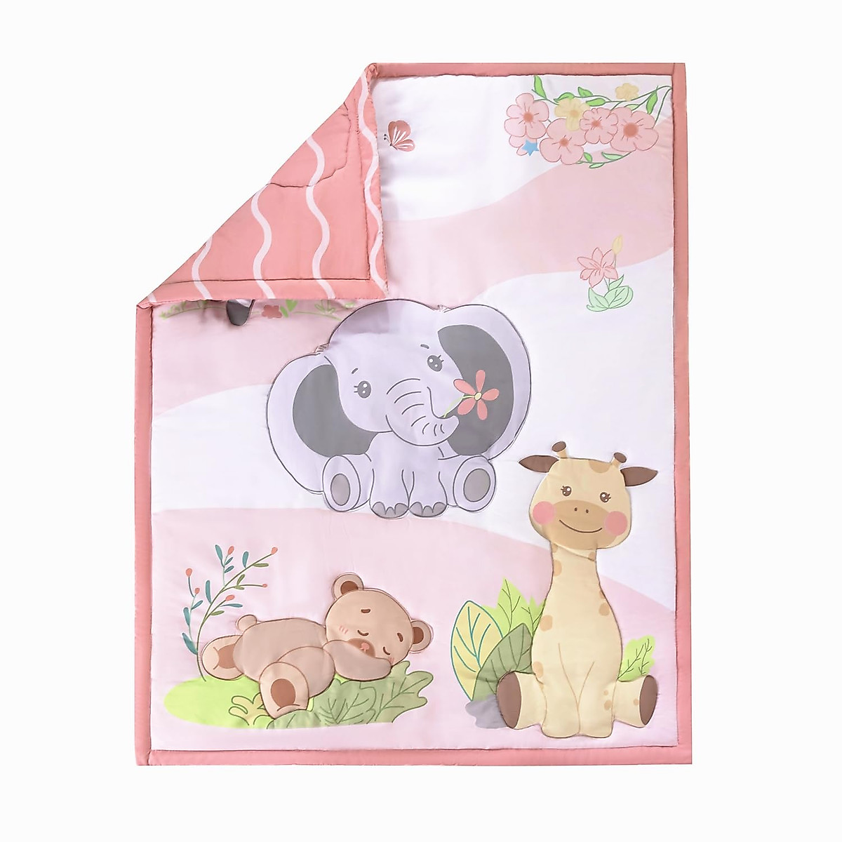 Baevellery Crib Bedding Set for Girls 3Piece Jungle Elephant Baby Girl Crib Bedding Set Nursery Crib Set for Baby Girl - Fitted Sheet Crib Comforter Crib Skirt