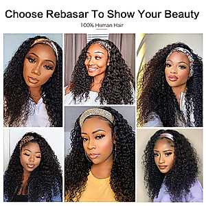 Rebasar Deep Wave Headband Wig Human Hair 14 Inch Curly Headband Wigs for Black Women Human Hair Glueless None Lace Front Wig Brazilian Virgin Hair Wear and Go Wigs 150% Density Natural Black Color