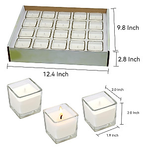 Kingyo 20 Pack White Unscented Votive Candles in Clear Square Glass Jar - 10 Hour Burn Time - Perfect for Wedding Receptions, Christmas, Party Favors & More