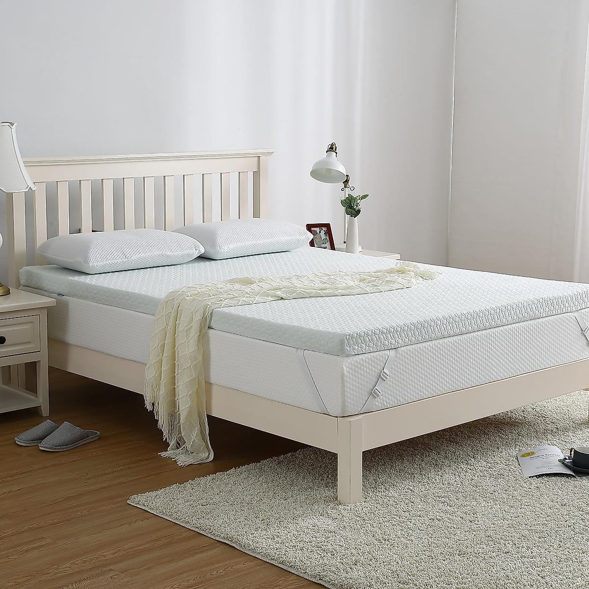 Aibudy Green Tea Memory Foam Mattress Topper, Cooling Gel Foam, 3 Inch Thk Mattress Pad Bed Topper with Zippered Bamboo Cover for Back Pain, Soft & Comfortable - Queen Size