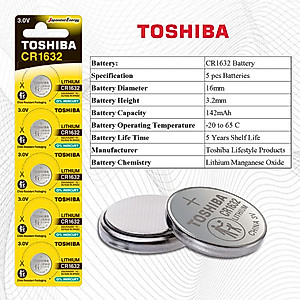 TOSHIBA CR1632 3V Lithium Coin Cell Battery 5 Batteries Strip Child-Resistant Packaging