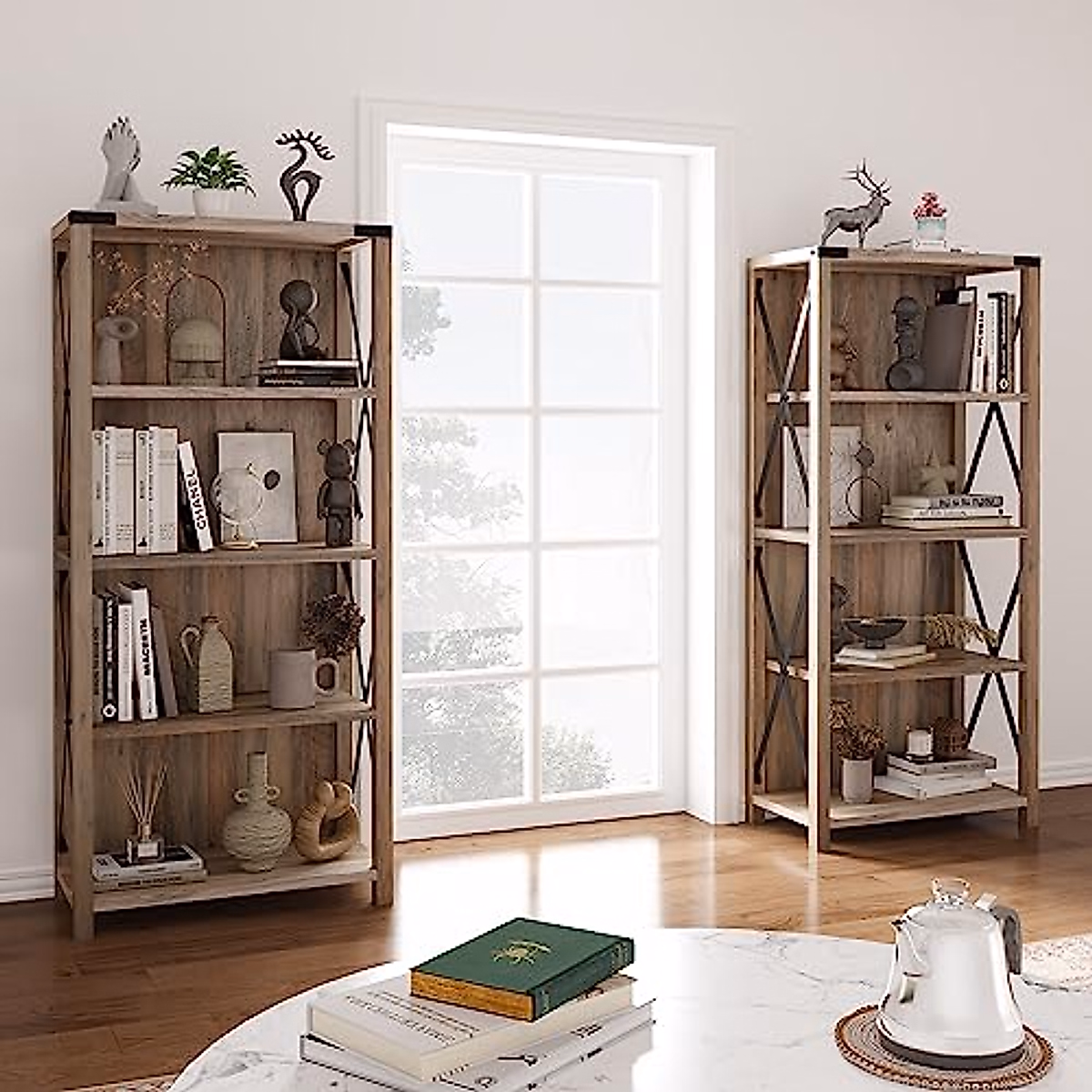 AMERLIFE 4-Tier Bookshelf, Set of 2 Tall Industrial Book Shelf, Rustic Wood & Metal X Frame Farmhouse Bookcase & Bookshelves, for Living Room, Bedroom, Barn Wood
