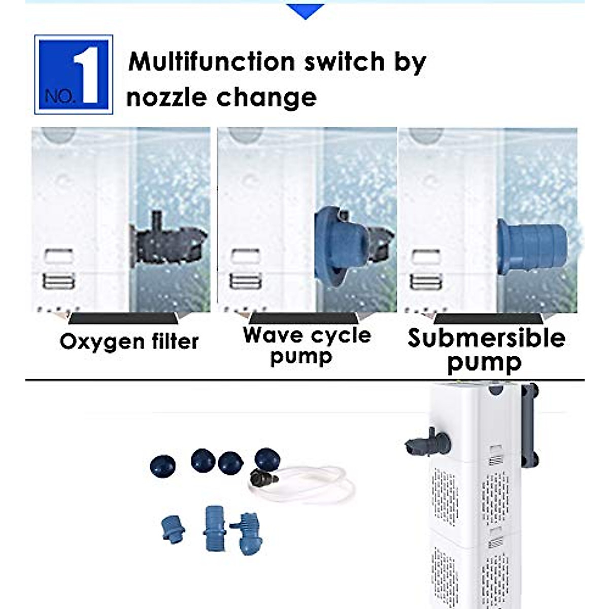 Ultra Quiet Fish Tank Filter 4-in-1 Internal Aquarium Filter,500-1800L/H Submersible Water Filter Pump Multifunctional Filter Water Pump for Betta, Turtle, Pond Fish, Garden. (6W 134GPH (500L/H))