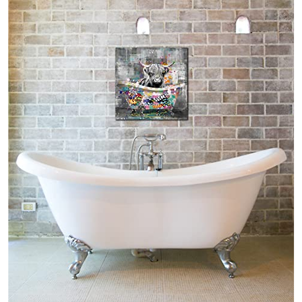 Kepgonegu Highland Cow Bathroom Wall Art Banksy Graffiti Canvas Wall Art Black and White Wall Art Ready to Hang Size 14”W x 14”H