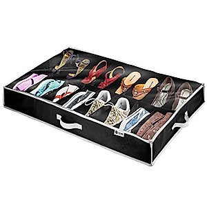 HOLDN' STORAGE Extra-Large Under Bed Shoe Storage Organizer - Underbed Storage Solution Fits Men's and Women's Shoes, High Heels, and Sneakers with Durable Vinyl Cover & Extra-Strong Zipper - Black