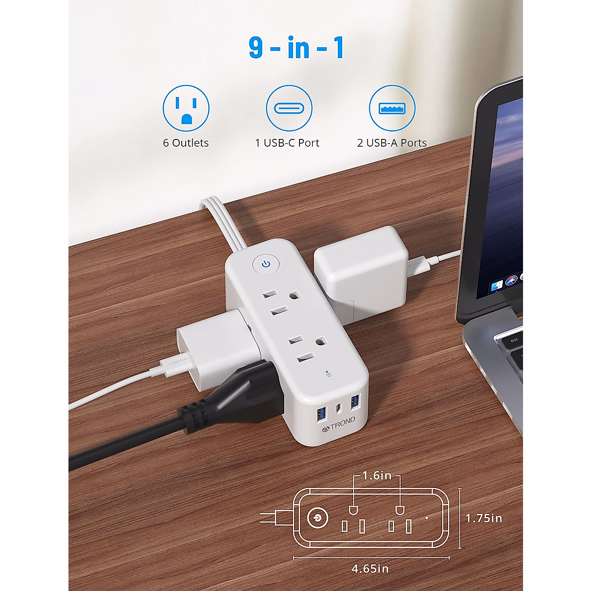 Flat Plug Power Strip - TROND 5ft Ultra Thin Extension Cord with 6 Widely Outlets and 3 USB Ports(1 USB C) + New Zealand Power Adapter - TROND US to Australia Power Plug Adapter with 2 USB Ports 3